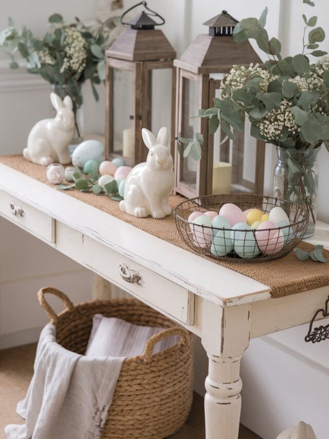 24 Farmhouse Easter Entryway Table Decor Ideas for Rustic Charm